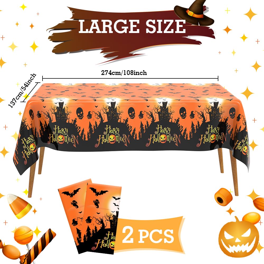 Halloween Tablecloth, 54" x 108" Halloween Tablecloth Rectangle, 2PCS Disposable Plastic Halloween Table Cover Table Cloth Halloween Table Decorations for Halloween Party Supplies Home Decor