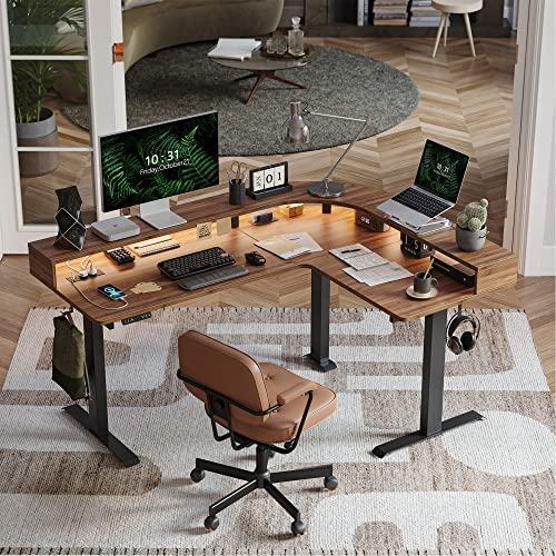 FEZIBO Triple Motor L Shaped Stadning Desk with LED Strip & Power Outrlets,63 inches Height Adjustable Stand up Corner Desk with Ergonomic Monitor Stand, Black Frame/Black Walnut Top