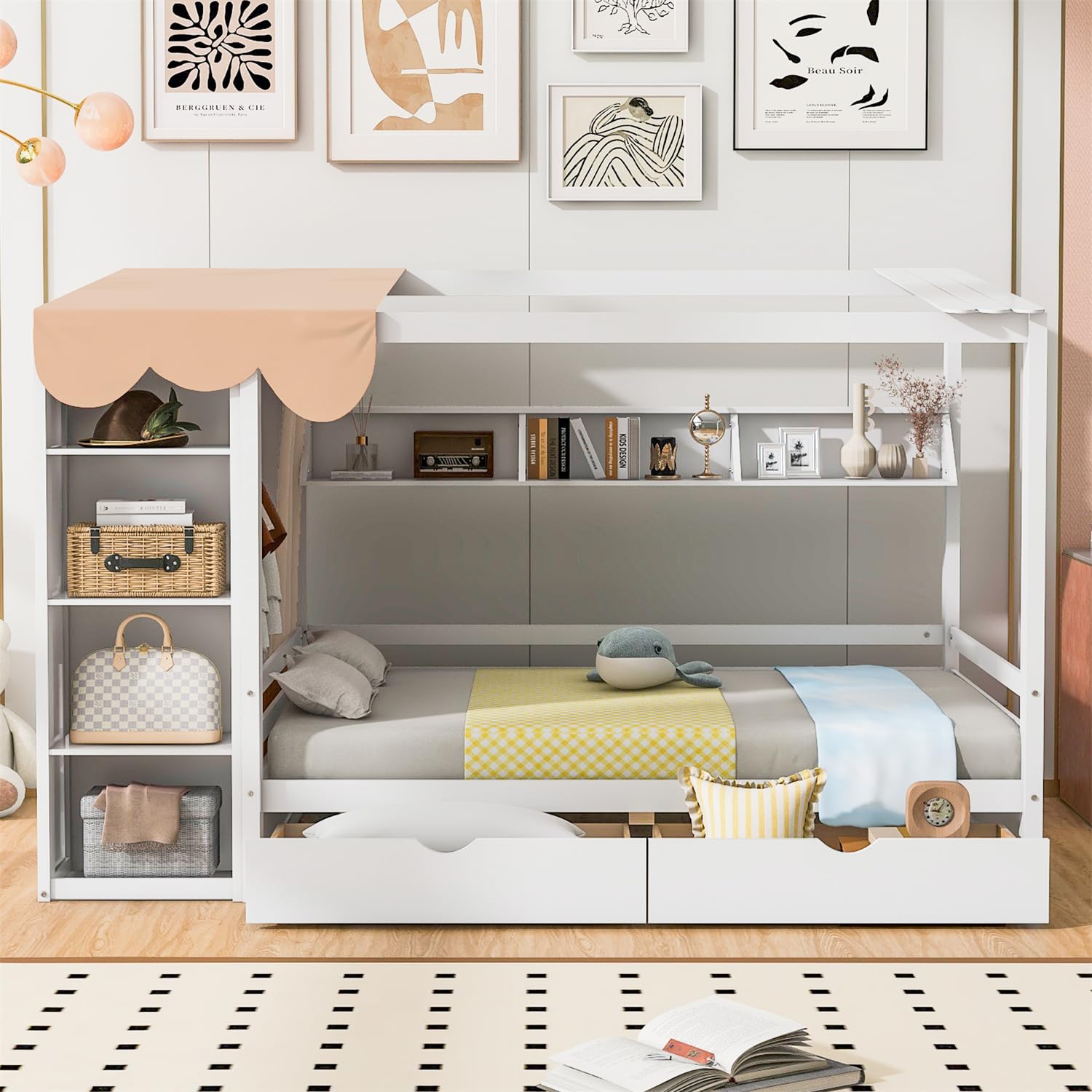 Linique Full Size House Bed with Wardrobe, Storage Drawers and Bookshelf, Solid Wood Bed Frame with Tent, White