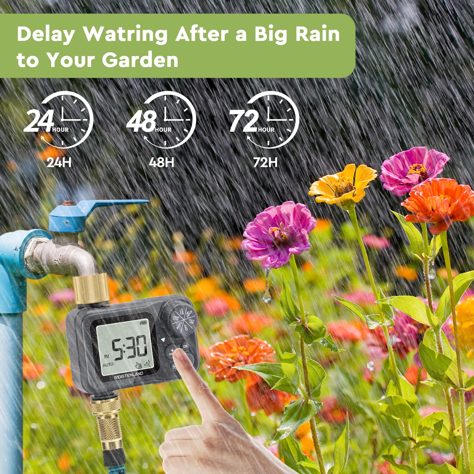 Moistenland Sprinkler Timer with Brass Swivel, Water Timer for Garden Hose, Hose Timer, with Rain Delay/Manual/Automatic Watering System, IP54 Waterproof, 2.6 Inches Large Screen(1 Outlet)