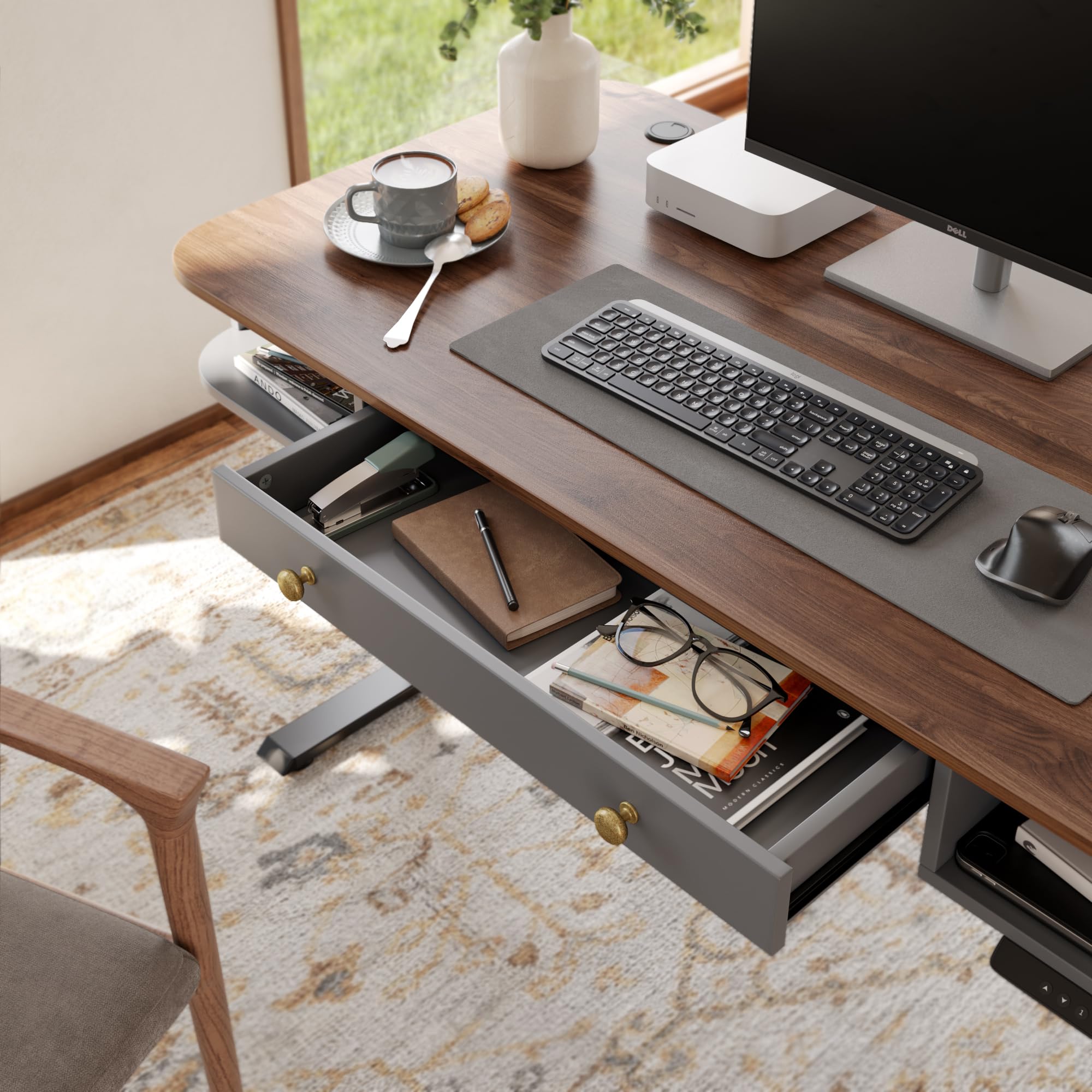 FEZIBO Whole Piece Mid Century Modern Electric Standing Desk with Drawer and Open Storage, 48 x 24 Inches Sit Stand Home Office Desk, Haze Blue Walnut(2 Packages)
