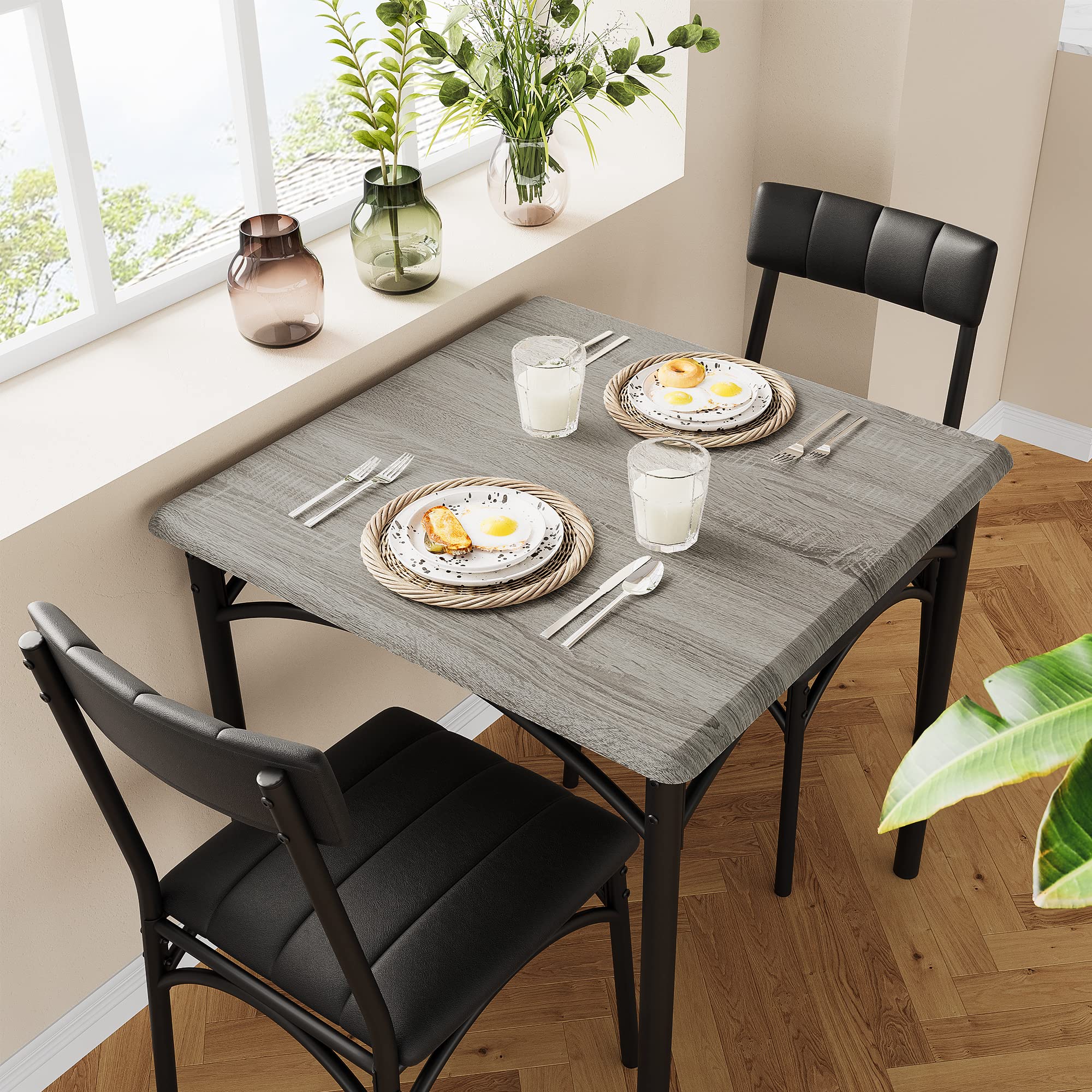 Fancihabor Dining Table Set for 2, Kitchen Table and Chairs, Square Dining Room Table Set with 2 Upholstered Chairs, 3 Piece Kitchen Table Set for Small Space, Apartment, Retro Gray