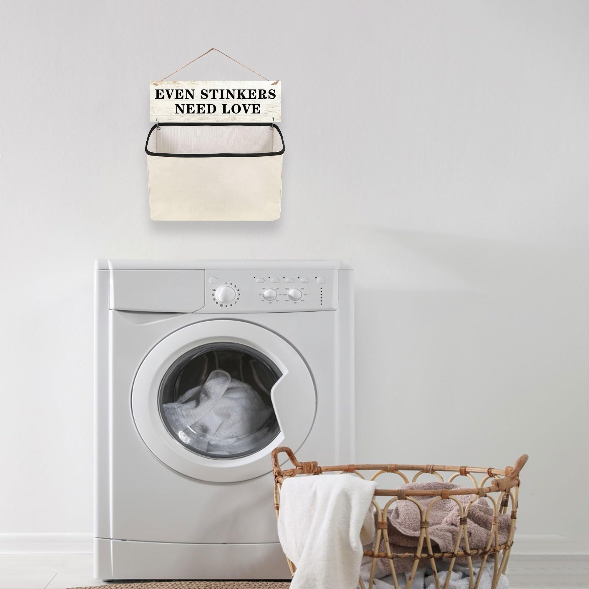 Laundry Room Decor and Organization: Wall-Hanging Lost Socks Storage Bag, Funny Wooden Sign - Single Canvas Basket for Sock Organization (DIRTY SOCKS GATHERING SPOT)