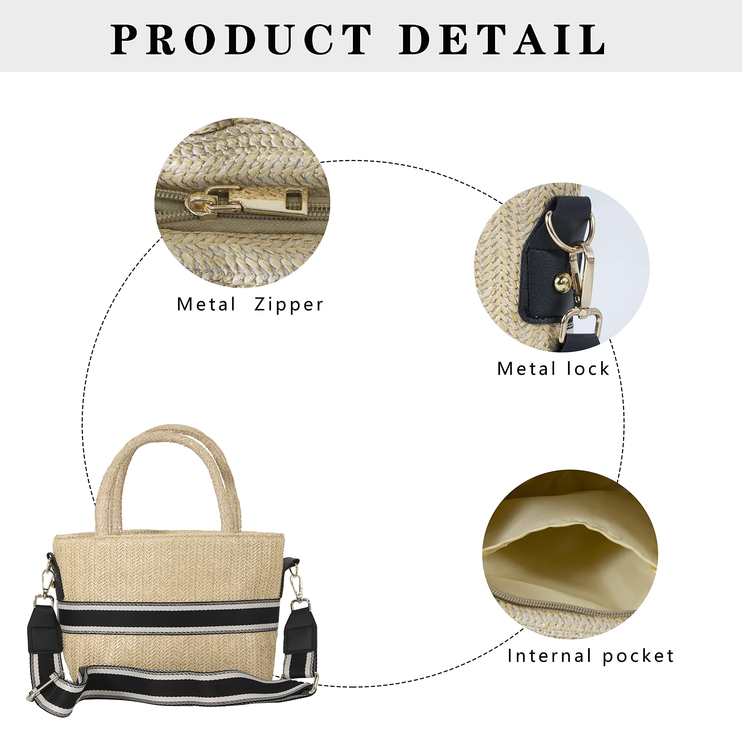 Hibala Straw bag Woven handbag Beach bag Straw purses for women Shoulder bag Summer Beach Tote (Black&White Stripe)