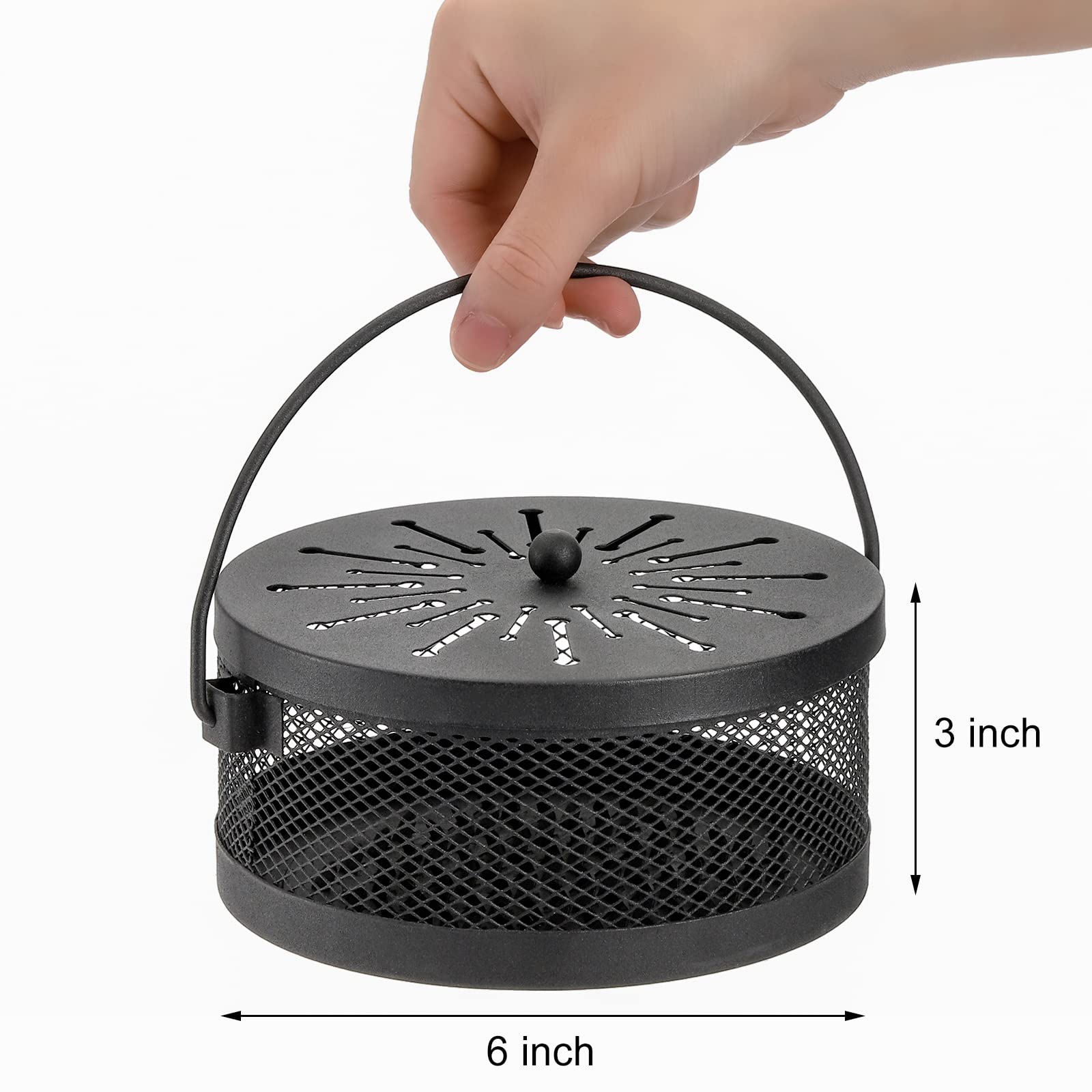 Elsjoy 2 Pack Mosquito Coil Holder with Lid and Handle, Portable Incense Coil Burner Metal Mosquito Incense Holder for Indoor & Outdoor Camping, 5.6" Diameter, Black
