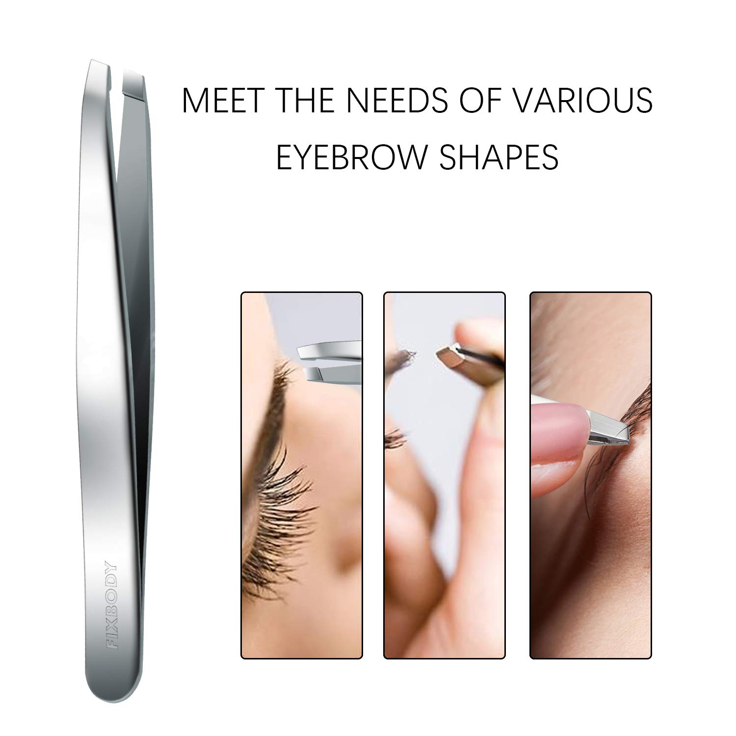FIXBODY Stainless Steel Eyebrows Plucking Tweezers, Precision Slant and Pointed Eyebrows Tweezer Set for Ingrown Hair, Silver