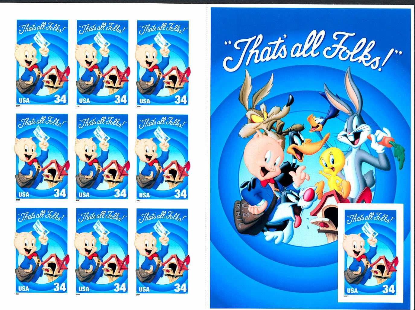 USPS Looney Tunes Porky Pig Sheet of Ten 34 Cent Stamps Scott 3534