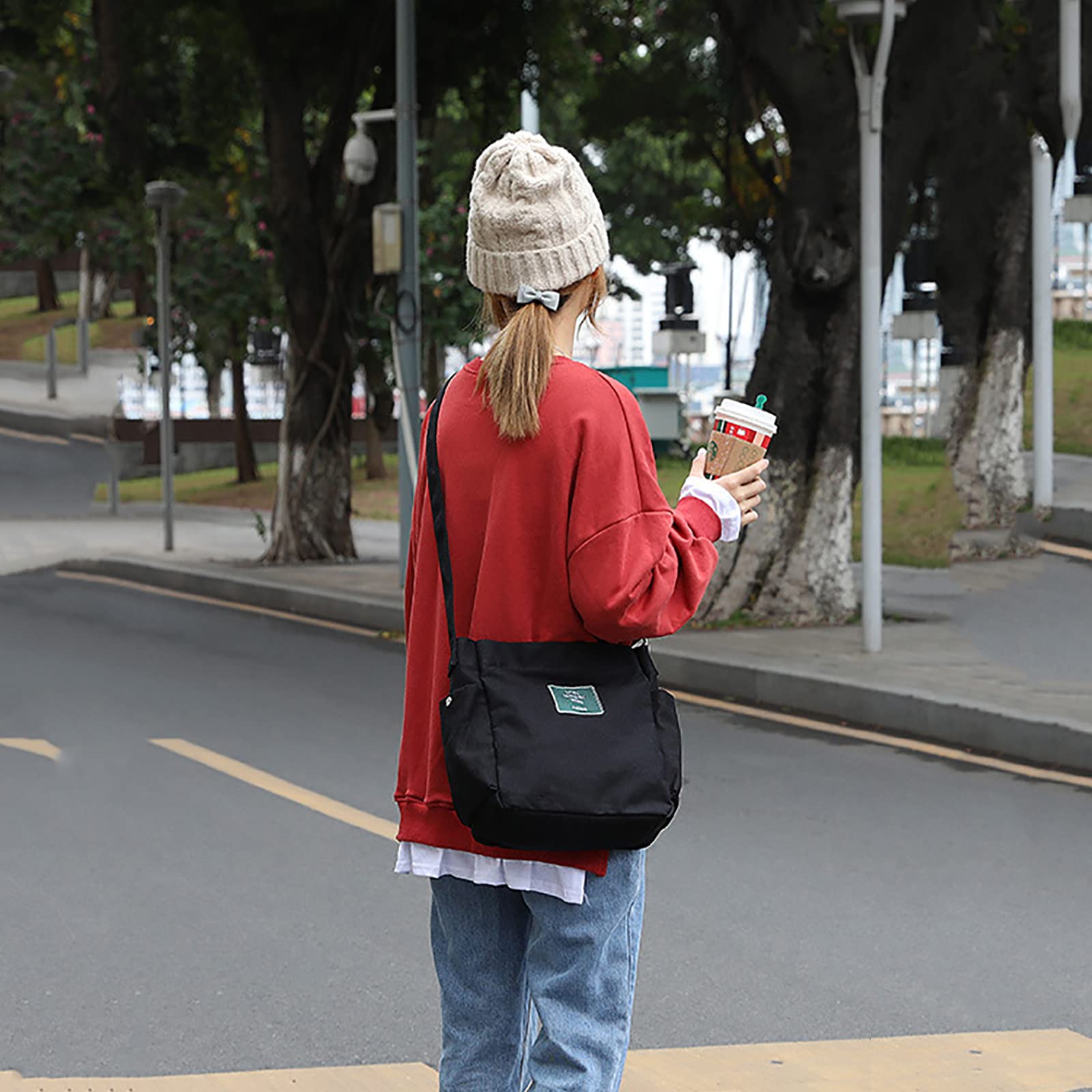 HAPPYHEIDI Women Small Canvas Tote Bag Handbag with Pockets, Zipper Closure, Crossbody Strap, for School Work Travel, Khaki
