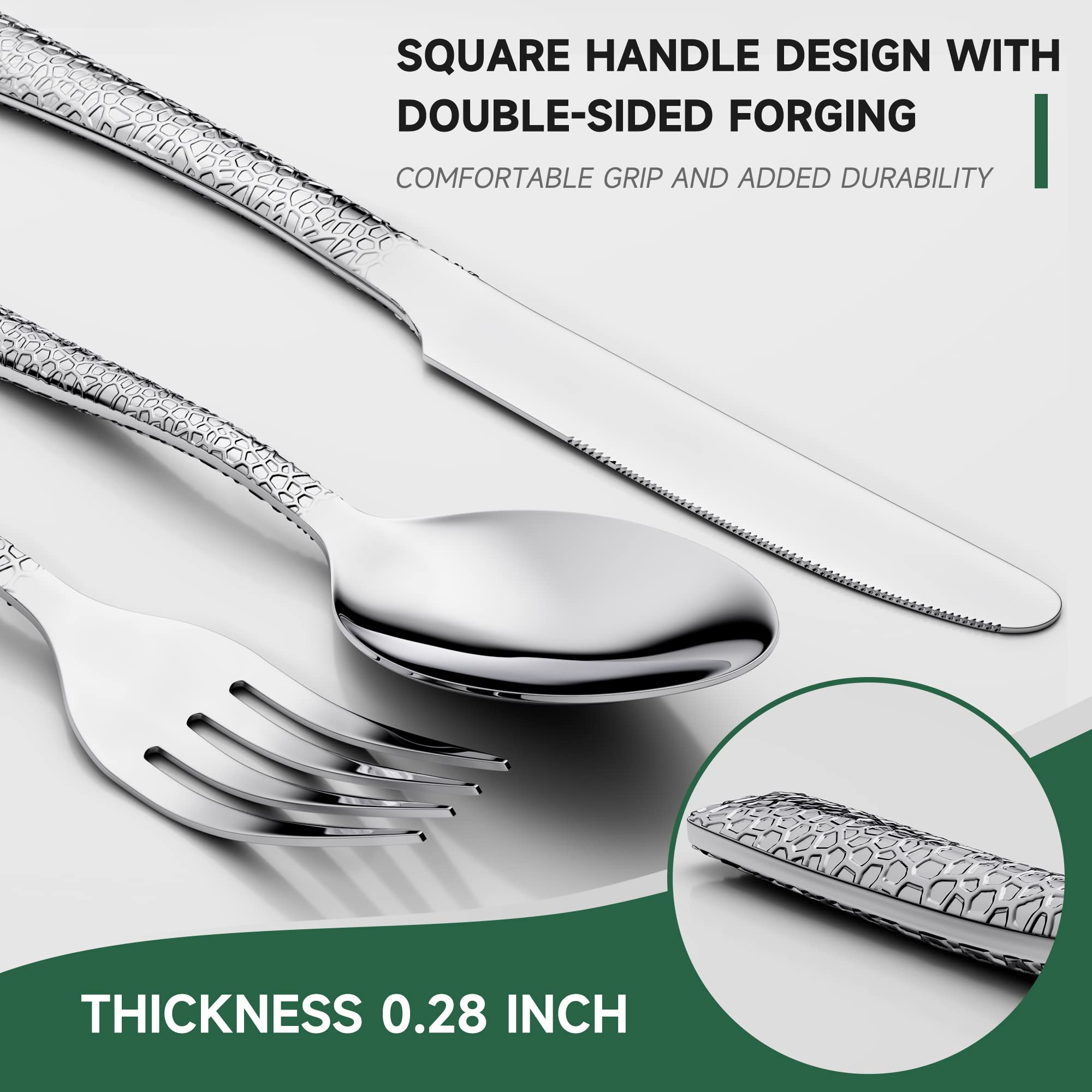 Hammered Silverware Set for 6, Stainless Steel Eating Flatware Cutlery Set 24-Piece for Home Kitchen Hotel Restaurant Party, Mirror Finished&Dishwasher Safe (Silver)