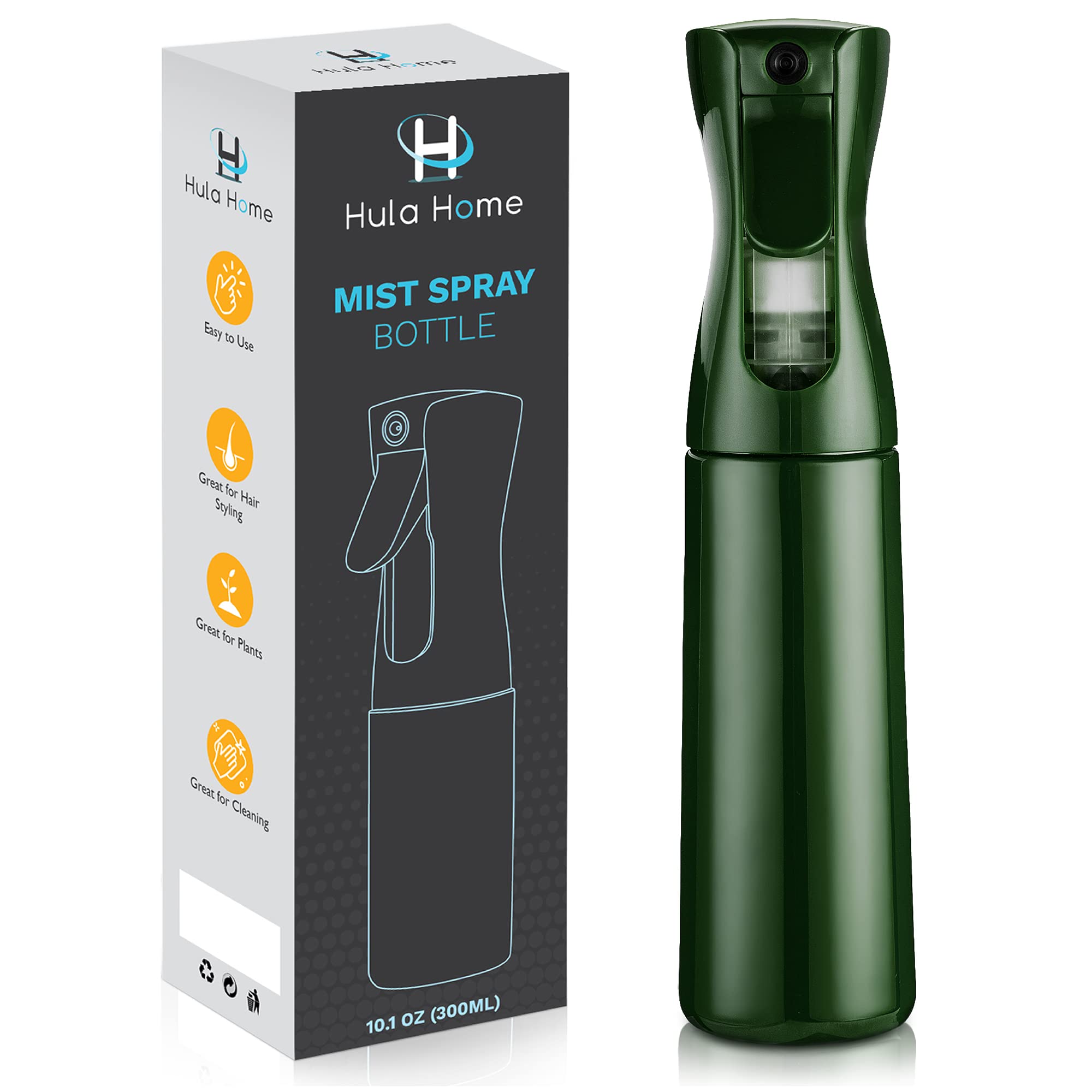 Hula Home Continuous Spray Bottle (10.1oz/300ml) Empty Ultra Fine Plastic Water Mist Sprayer β For Hairstyling, Cleaning, Salons, Plants, Essential Oil Scents & More - Green