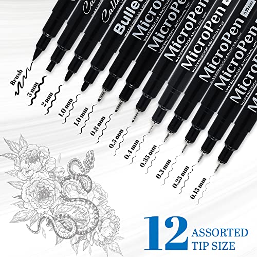 Vanli's 12 Pack Fine Tip Art Pens for Drawing. Waterproof Archival Fineliner Calligraphy Hand Lettering Pens. Microline Bible Journaling Pens, 12 Pack