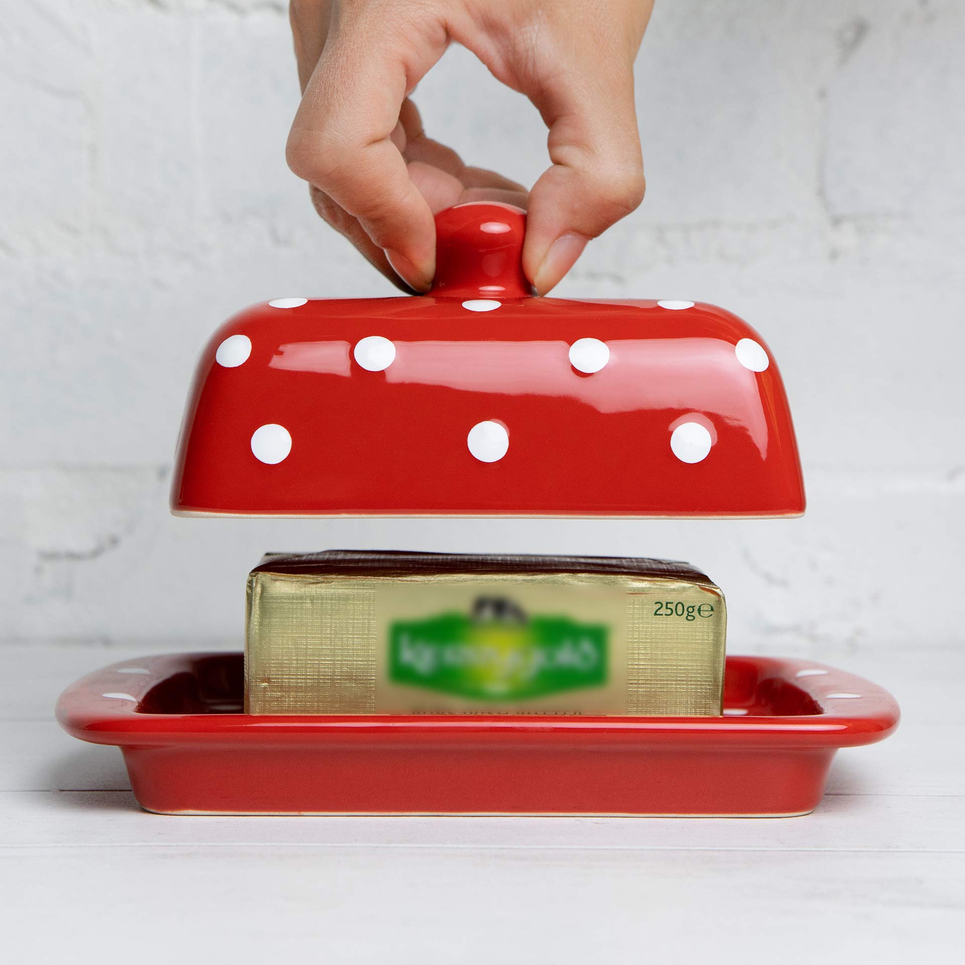 Handmade Ceramic European Covered Butter Dish With Lid | Unique Red and White Polka Dot Pottery Butter Keeper | Housewarming Gift by City to Cottage®