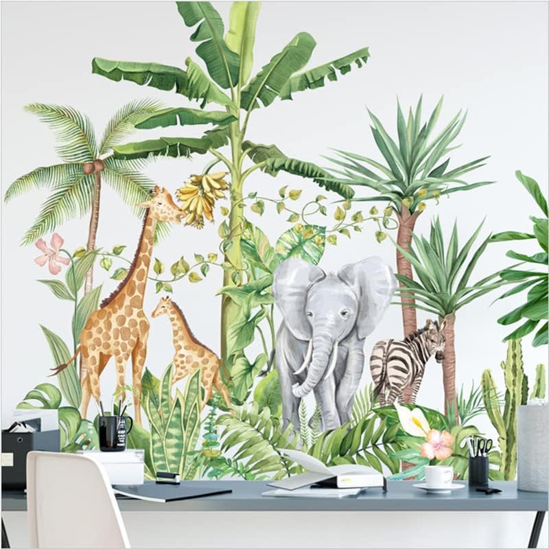 HappyPeach Tropical Rainforest Animals Plants Wall Stickers Jungle Safari Animal Elephant Giraffes Zebras Panda Wallpaper Decor Peel