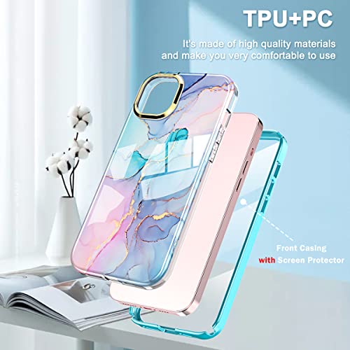 Turquiase Compatible for iPhone 14 Plus Case 6.7 inch (2022 Release), Slim Full-Body Stylish Shockproof Protective Rugged TPU Case with Built-in Screen Protector(Marble)