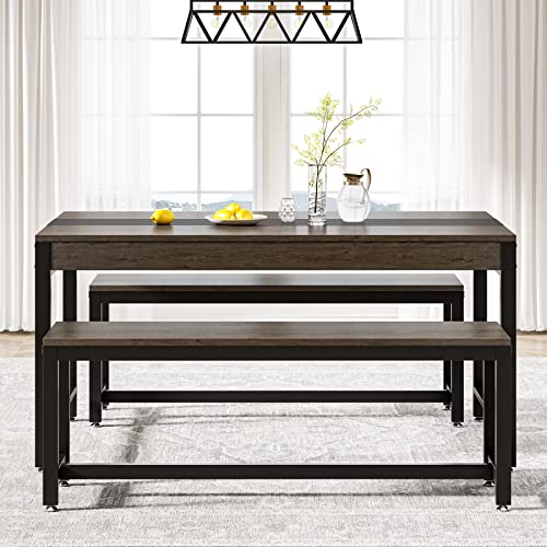 Tribesigns 63 Inch Large Dining Table Set for 4 to 6, Kitchen Breakfast Table with 2 Benches & Sided Drawer, 3-Piece Modern Industrial Bar Table Furniture for Dining Room, Gray Brown & Black