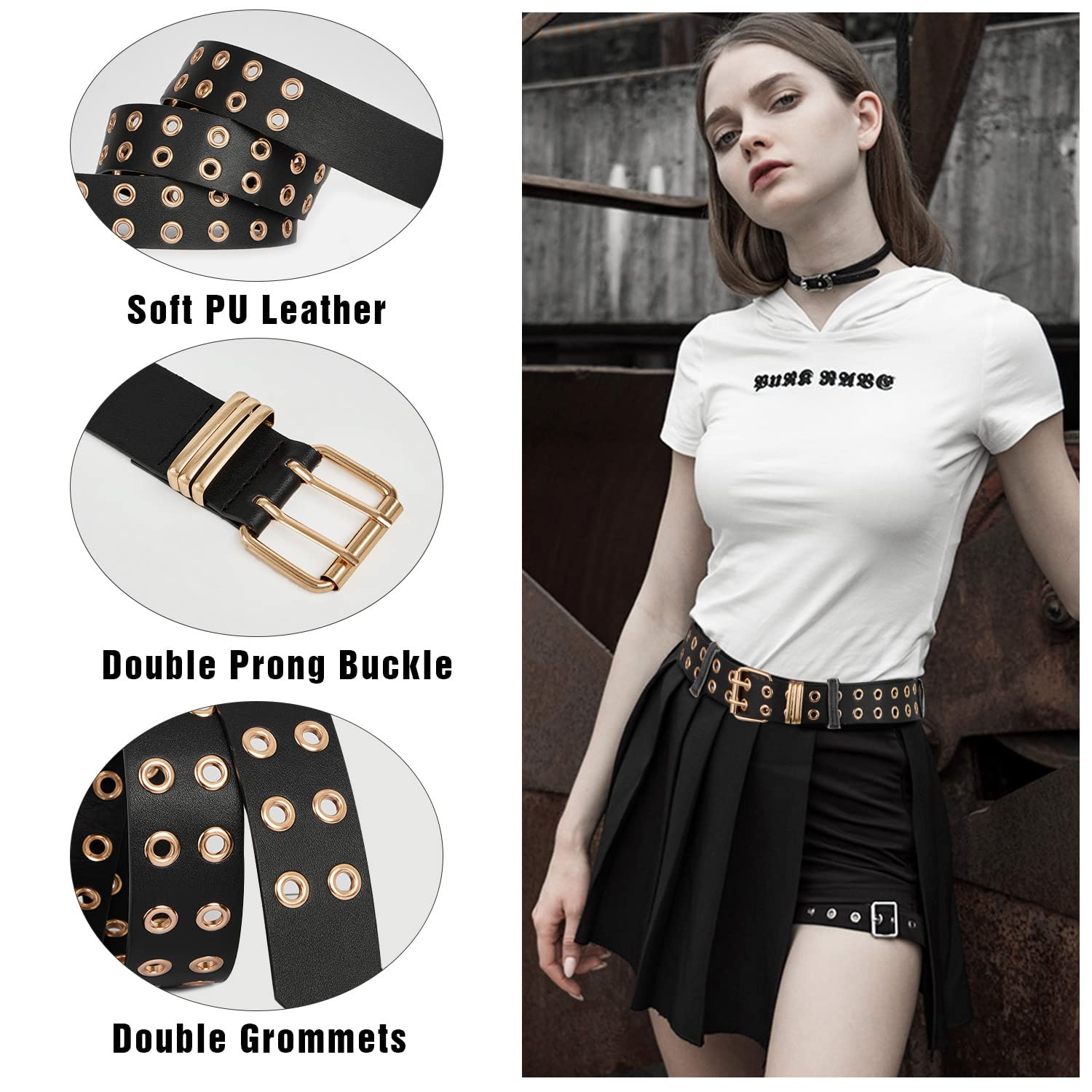 FIORETTO Double Grommet Leather Belt Women Men Punk Rock Waist Belts for Jeans Pants (One Size, Double Grommet(Black-Gold))