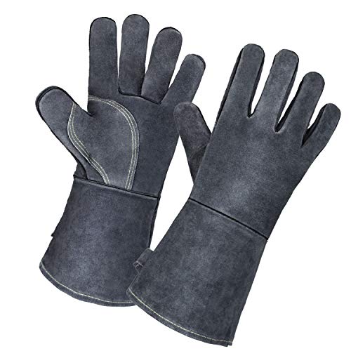 OZERO 932℉ Forge Welding Gloves 14-inch Heat Resistant Leather Grill BBQ Glove with Flame Retardant Long Sleeve and Insulated Lining for Men and Women Gray