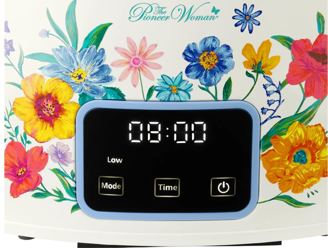 Pioneer Woman 6 Qt Digital Brilliant Blooms Slow Cooker with Locking Lid, With 9 Pieces Utensil Natural Bamboo Bundle