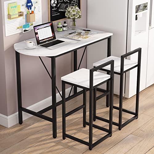 Tribesigns Bar Table and Chairs Set, 43.3" Pub Bar Dining Table and 2 Bar Stools, 3-Piece Wood Counter Height Breakfast Table Set with Metal Frame and Faux Marble Tabletop (White)