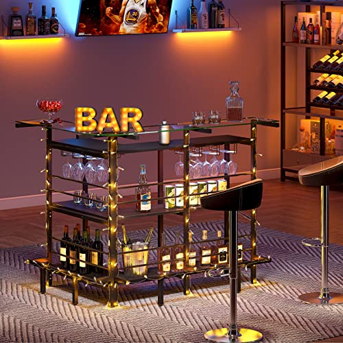 Tribesigns Home Bar Unit, L Shaped Black Liquor Bar Table with Glass Counter Top, Wine Glasses Holder, Storage Shelves and Footrest for Living Room/Basement