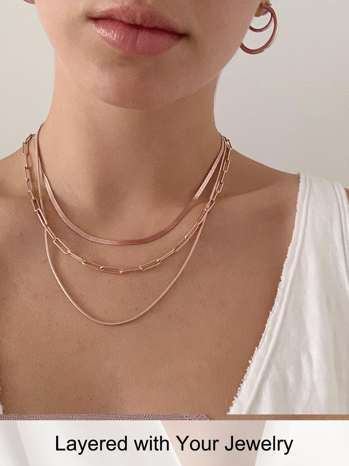 FOCALOOK Rose Gold Plated Flat Snake Chain Necklace Herringbone Necklace Pink Choker Necklaces for Women 3MM(W) 12.5+3.5"(L)