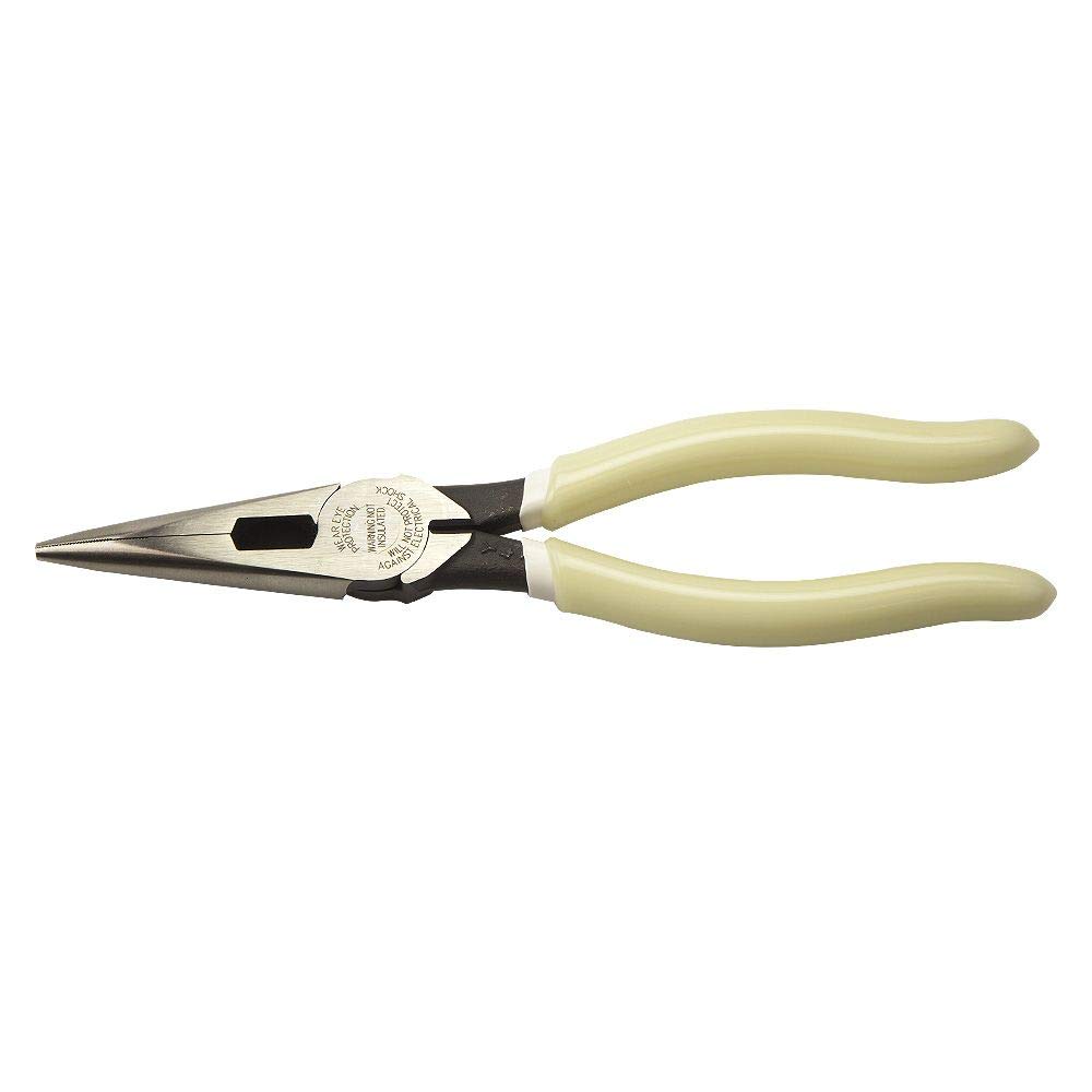Klein Tools D203-8-GLW Long Nose Pliers, Hi-Viz Glow In the Dark Pliers with Extended Grips For Reach and Leverage, 8-Inch