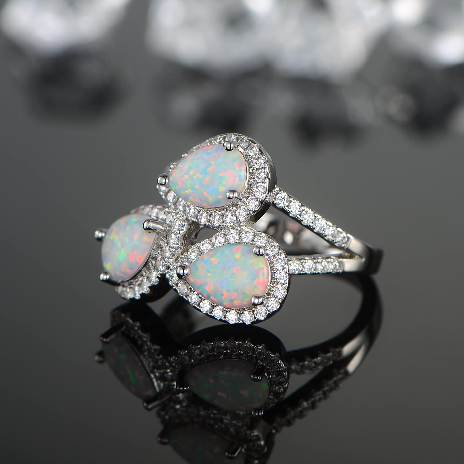 Gemsme Opal Cocktail Ring, 18K White Gold Plated Pear Fire Opal Statement Ring Halo Teardrop Birthstone Ring for Women (6)