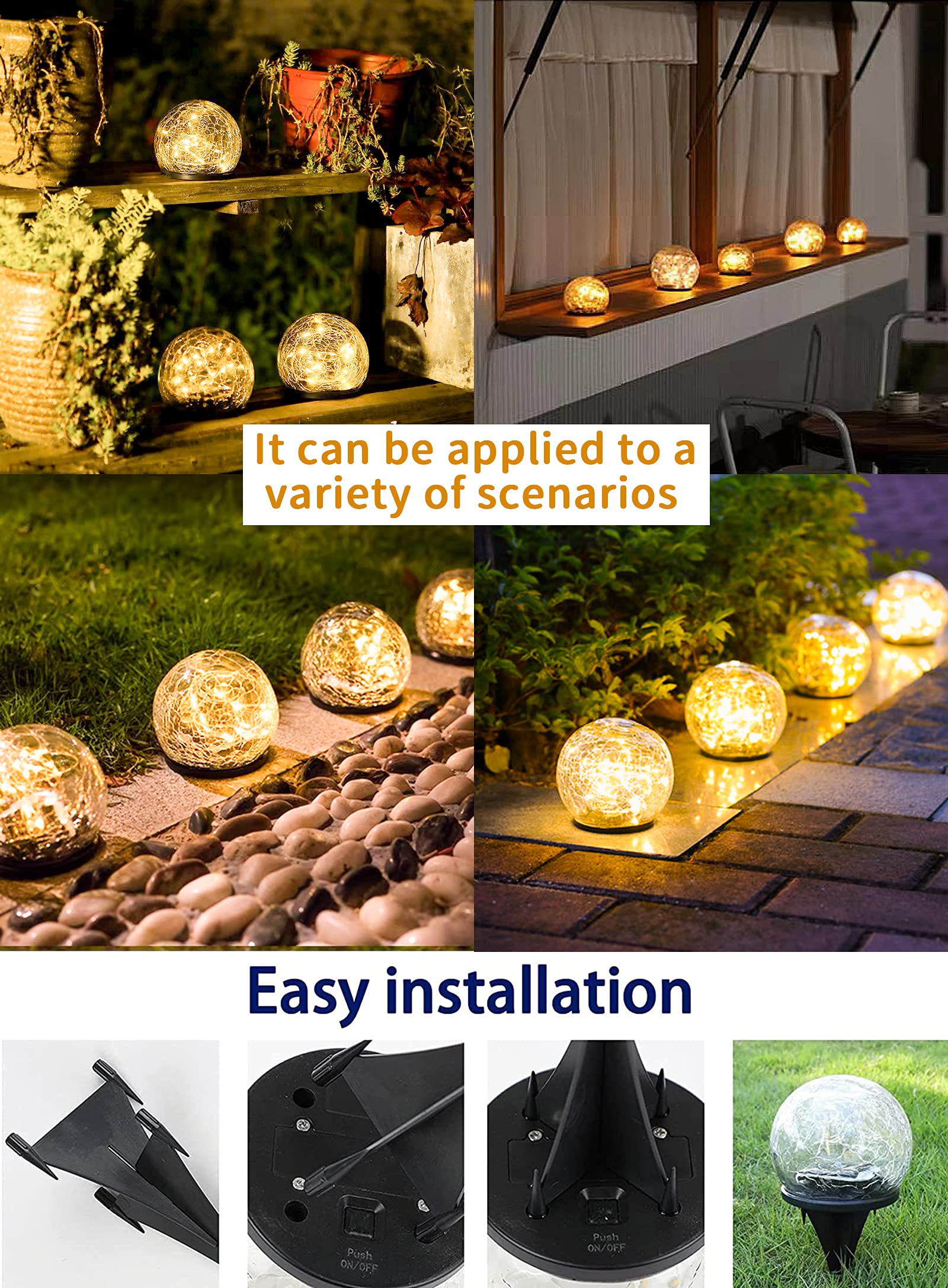 Garden Solar Lights Pathway Outdoor Cracked Glass Ball Waterproof Warm White LED for Walkway Patio Yard Lawn (5.9)
