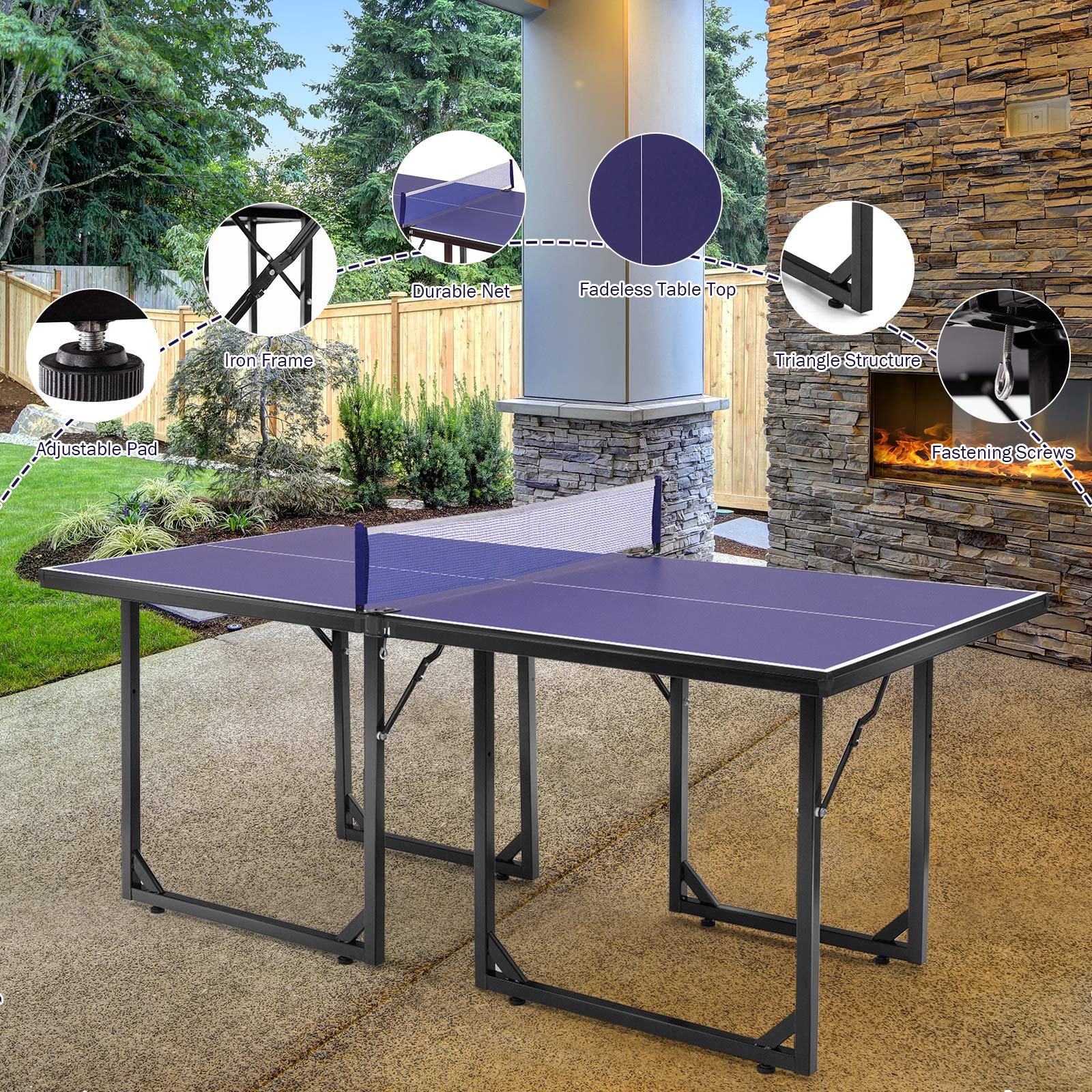 GYMAX Folding Table Tennis Table, Portable Free Installation Mini Ping Pong Table with Net, Instant Set up Table Tennis Table Kit for Indoor/Outdoor (Blue)