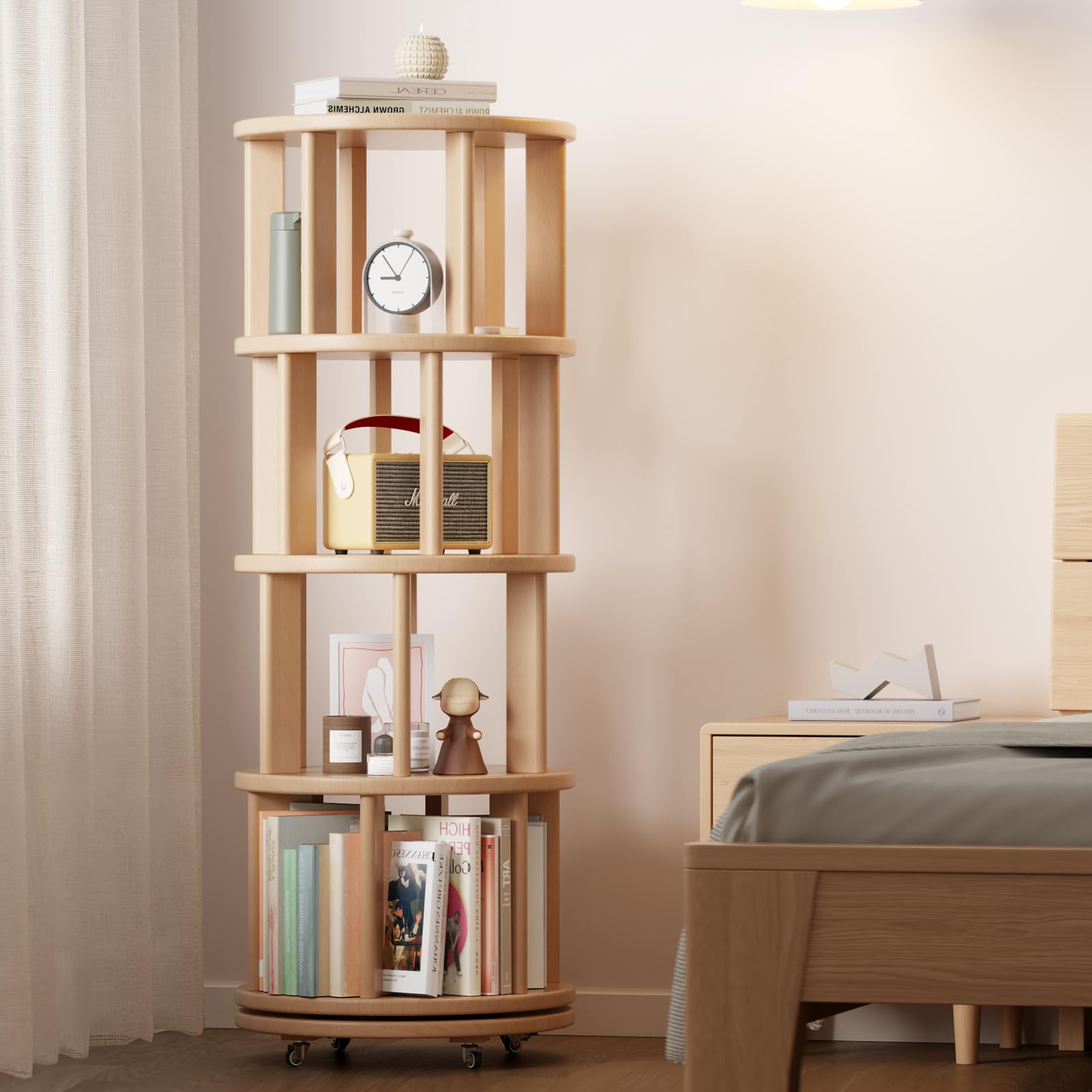KASLANDI Solid Wood Rotating Bookshelf with Brake Wheels, 360°Display 6 Tier Floor Stackable Spinning Bookshelf Tower for Kids & Adults, Revolving Bookcase for Small Space, Corner (Walnut)