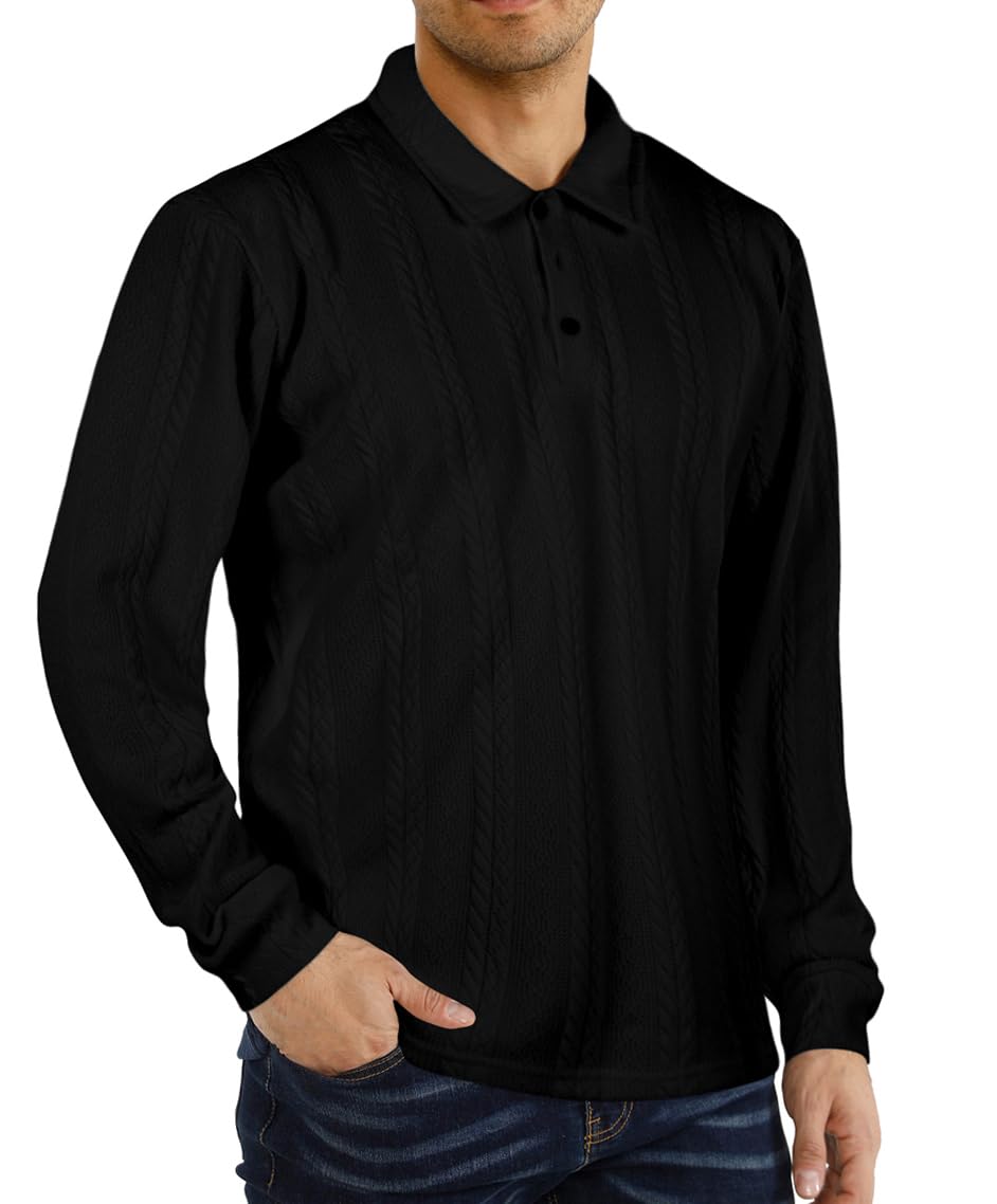 GINGTTO Mens Long Sleeve Collared Polo Sweater Cotton Ribbed Knit Golf Shirt for Men Black XL