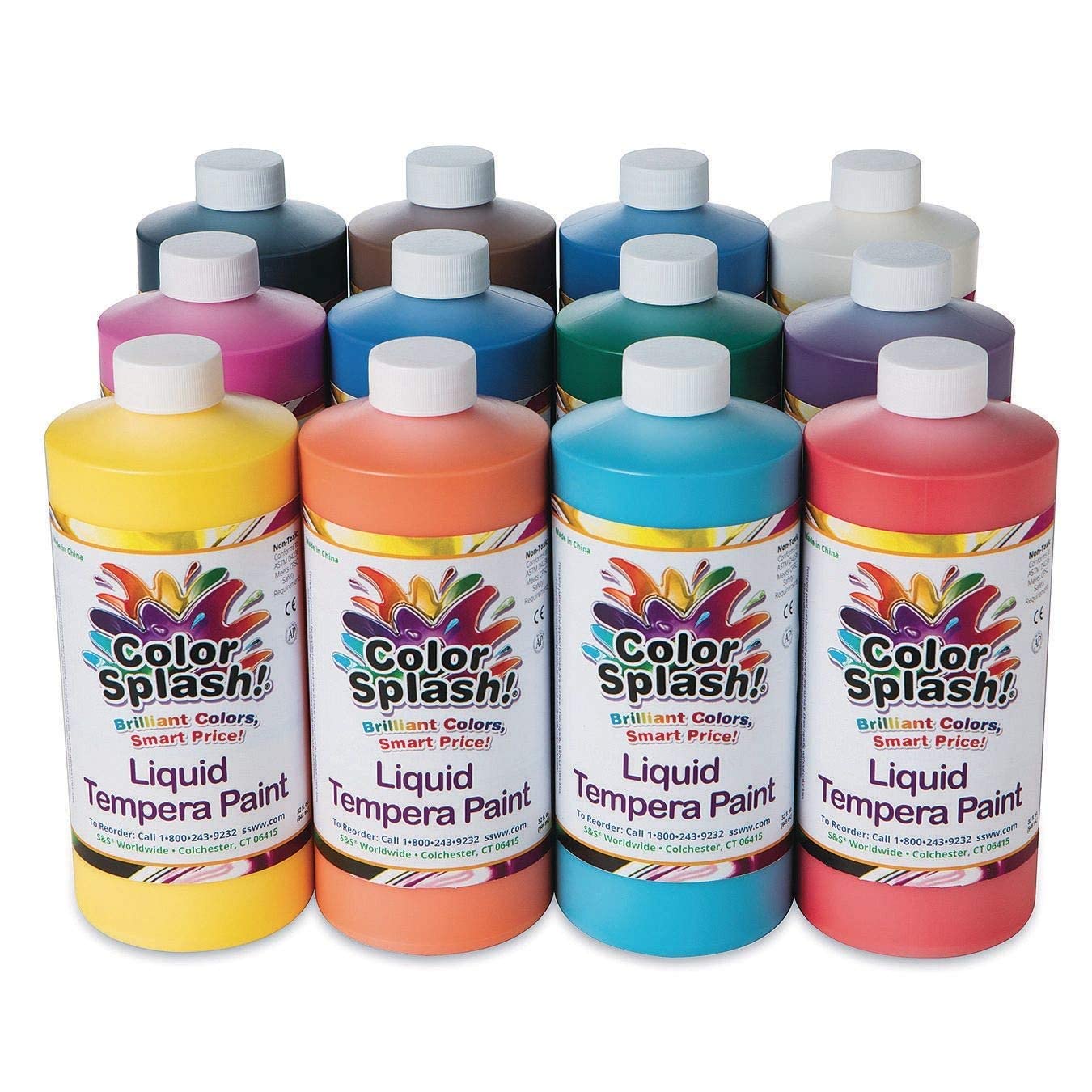 S&S Worldwide Color Splash! Liquid Tempera Bulk Paint, Set of 12 in 11 Bright Colors, 32-oz Easy-Pour Bottles, Great for Arts & Crafts, School, Classroom, Poster Paint, For Kids & Adults, Non-Toxic.