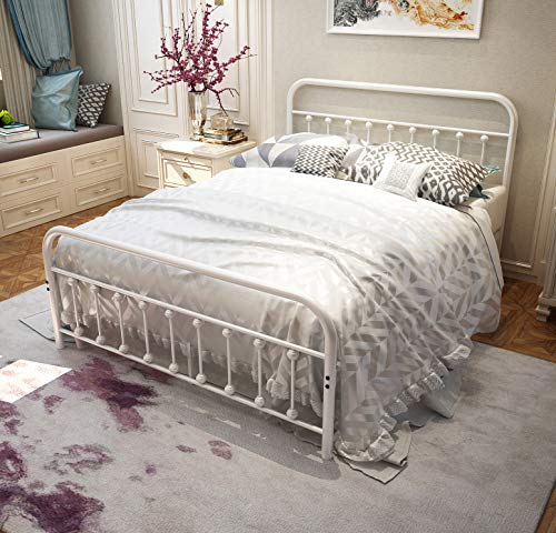 NEEBIRGELIA White Metal Bed Frame Queen Size with Headboard and Footboard Single Platform Mattress Base,Metal Tube and Iron-Art Bed（Queen,Grayish White）