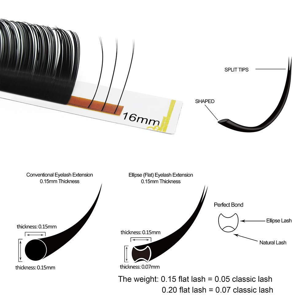 Flat lashes 0.15 0.20 Ellipse Flat Lashes C CC D DD Curl Flat lash extensions Matte BlacK Eyelash Extensions 9-16 MIX (CC-0.20, 9-16 MIX)