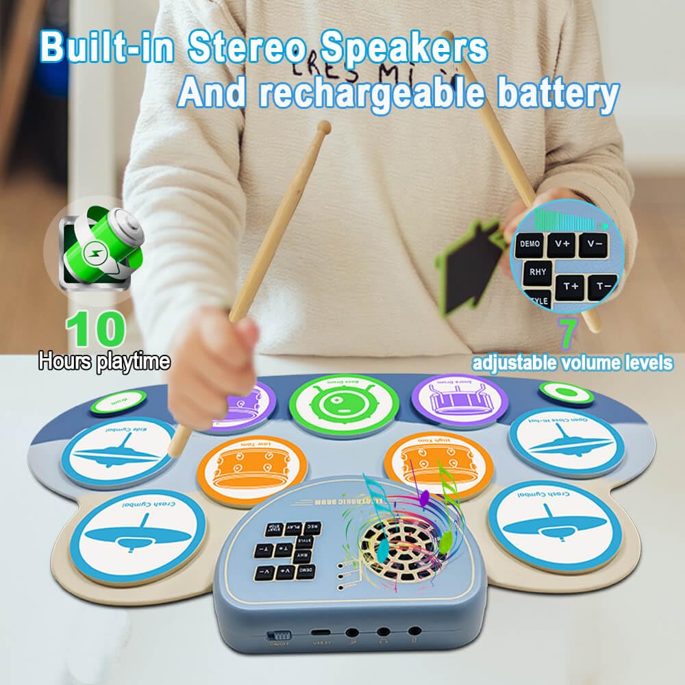 Electric Drum Set, Electronic Drum Pad - Portable Foldable Roll Up 9 Pads Practice Digital Drum Kit for Kids and Adult Beginner Drummers Christmas Gift