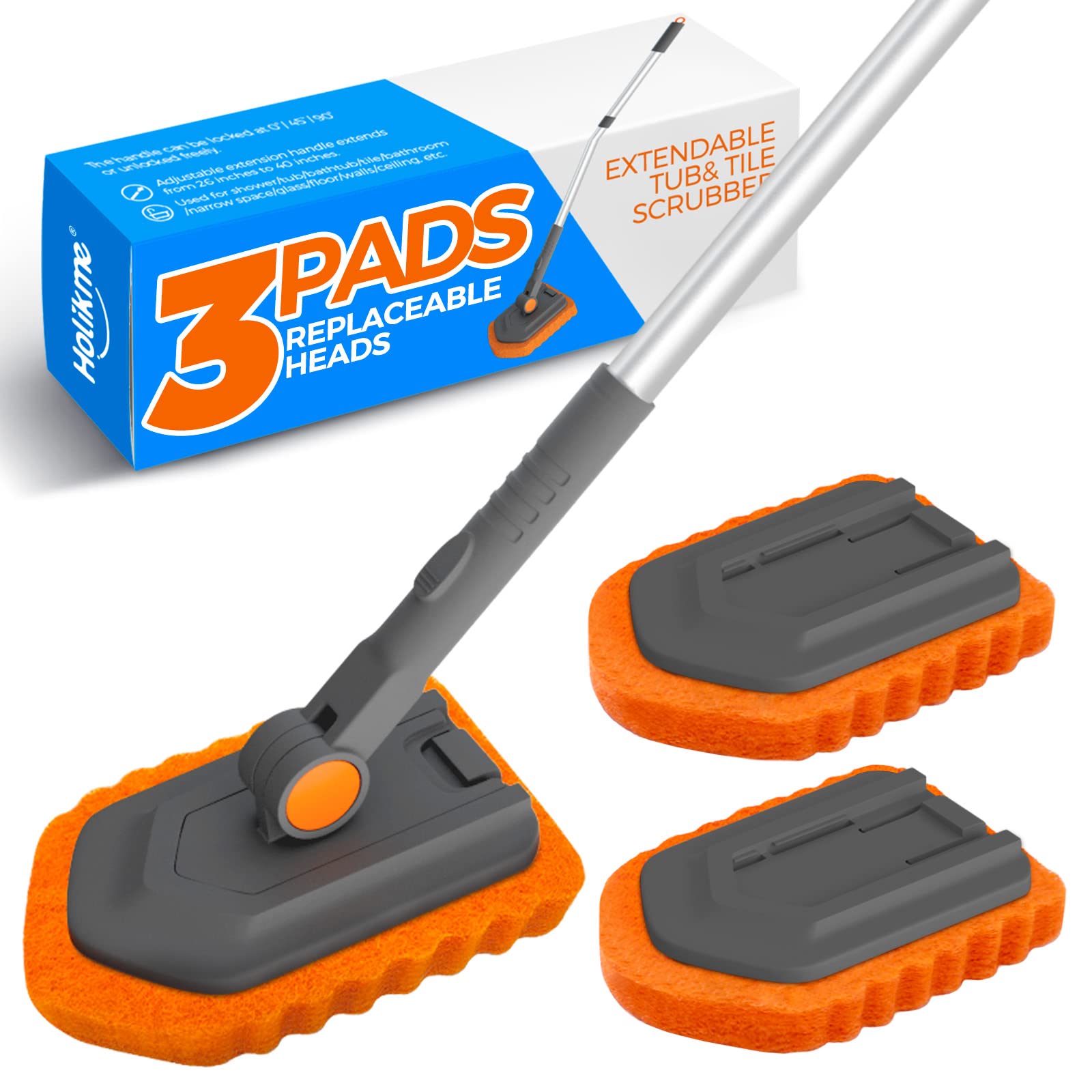 Holikme Shower Bathtub Scrubber for Cleaning with 3 Pack Scouring Pads Extendable Tub and Tile Scrubber Tools for Bathtub Shower Bathroom, Orange