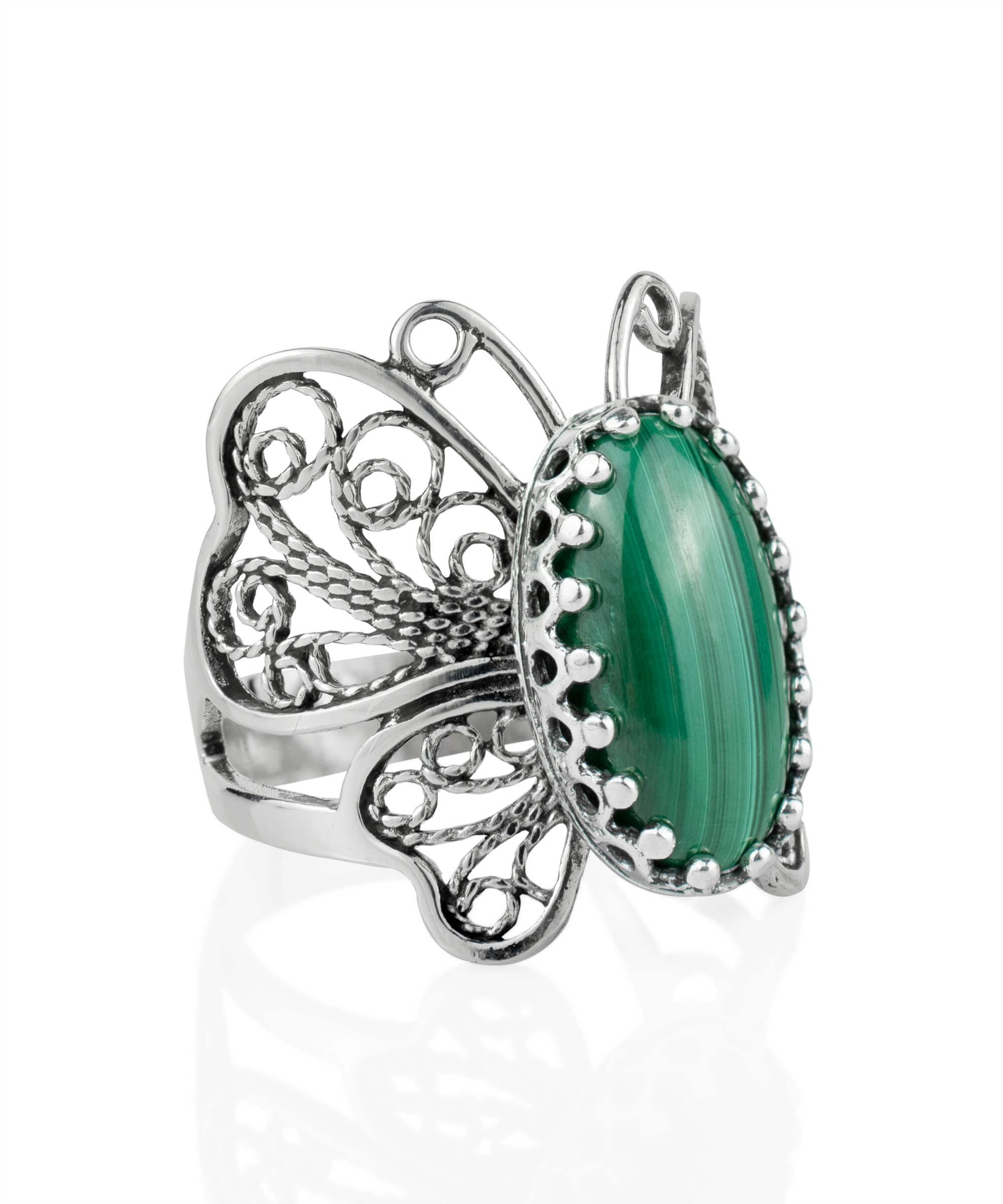Filigranist Sterling Silver Filigree Art Butterfly Women Cocktail Ring with Gemstones (Malachite, 9)