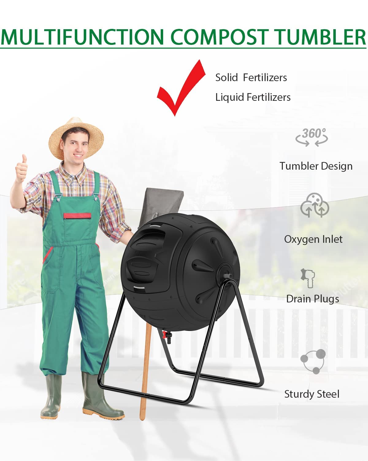 Multifunction Garden Tumbling Composter, Heavy-Duty Fast-Working Compost Bin with Easy-to-use Drain Plugs to Collect Liquid,Black