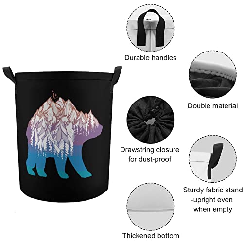 Mountain Bear Laundry Basket Round Collapsible Storage Bin with Drawstring and Handle for Bedroom Bathroom Toys Room 17.3" X 13.8"