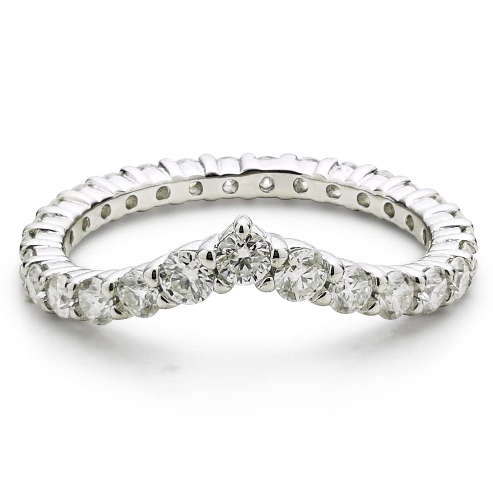 Idocare Wedding Bands For Women Full Eternity Moissanite Ring V Shaped Curved Platinum Plated Sterling Silver Size 7