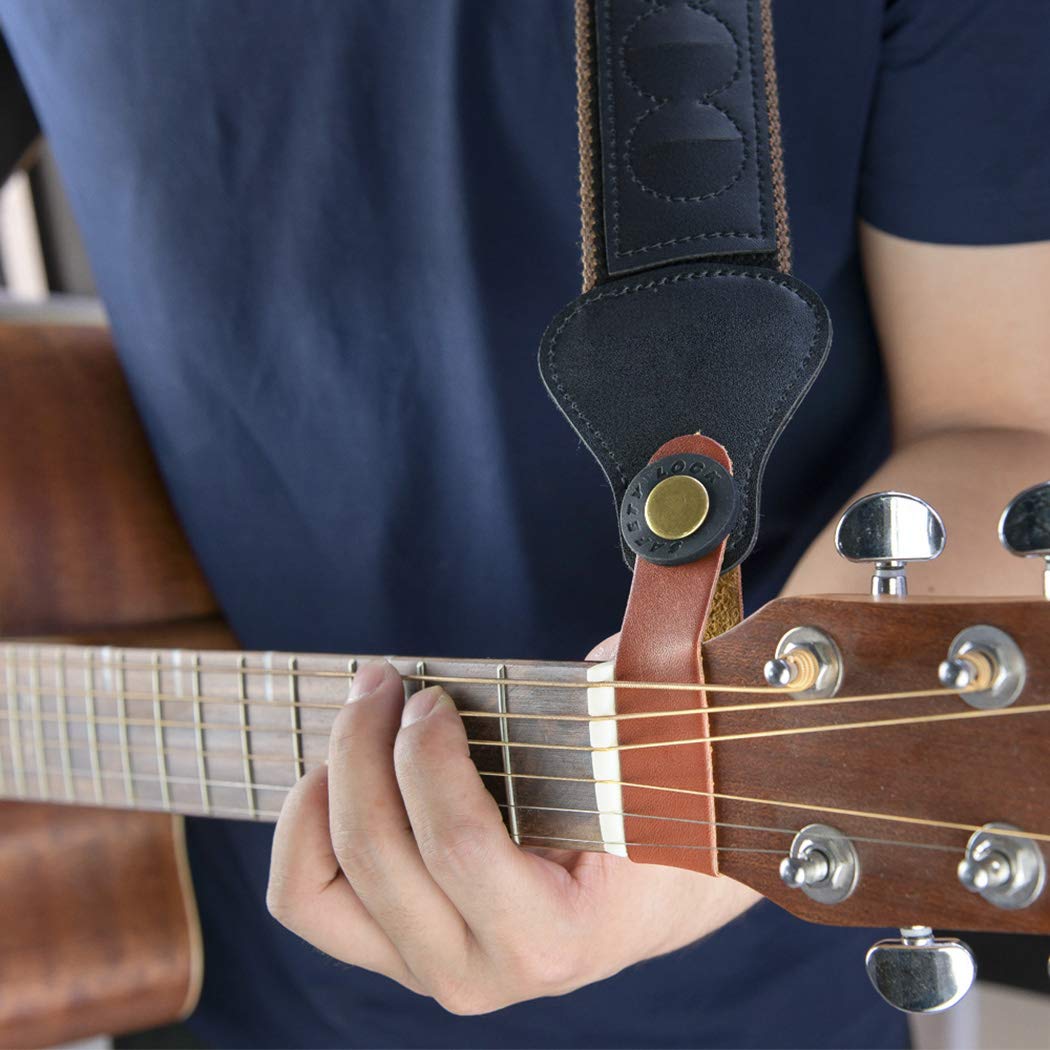 Guitar Neck Strap Leather Headstock strap Guitar Straps Lock Button Rubber Acoustic Electric Strap Blocks Accessories (Brown)