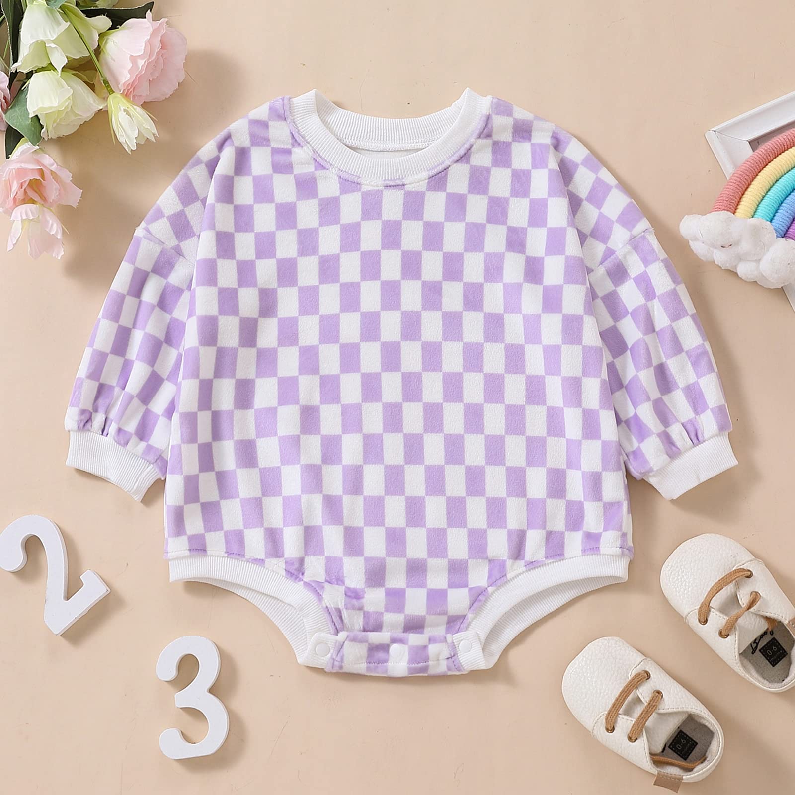 Kayotuas Baby Neutral Clothes Checkerboard Crewneck Sweatshirt Romper Oversized Long Sleeve Plaid Bubble Bodysuit (Purple,6-12 Months)