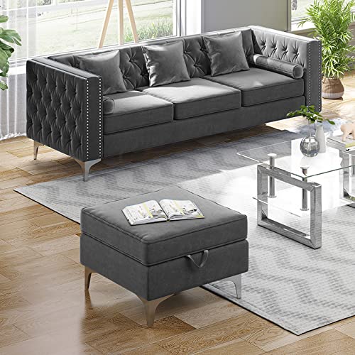 Mjkone Convertible Sectional Sofa for Living Room, Velvet Upholstered L-Shaped Sofa with Throw Cushion & Bolster Cushion, Ottoman for Storage, Button Tufted & Nailhead Trim for Apartment - Grey