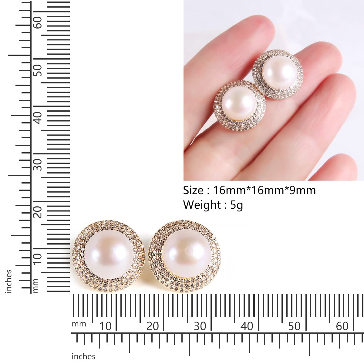 Guptue S925 Silver needles Pearl button stud earrings cultured freshwater pearl Cubic zirconia stud Earrings Birthday Gifts Women's Stud Earrings,Round 10-11mm pearl earrings (White)