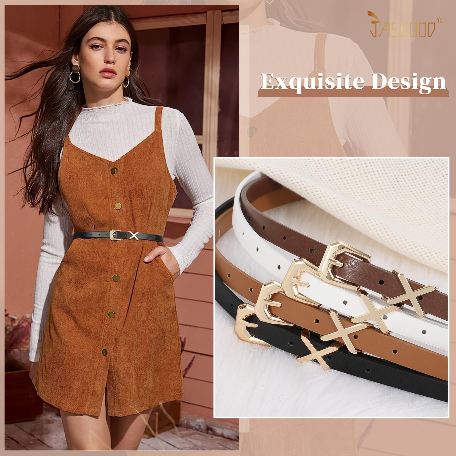 JASGOOD 4 Pack Women Skinny Leather Belt for Pants Jeans Ladies Thin Waist Belt for Dress
