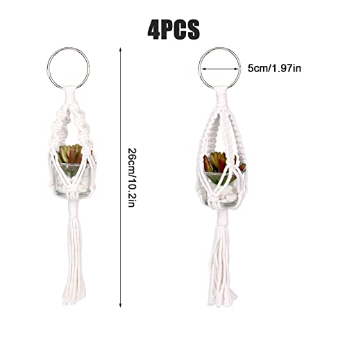 SAVITA 4 Pcs Car Plant Hangers, Mini Macrame Plant Hanger, Rear View Mirror Charm Hanging Plant Holder Accessories for Succulent Chlorophytum Car (White, 4 Styles)