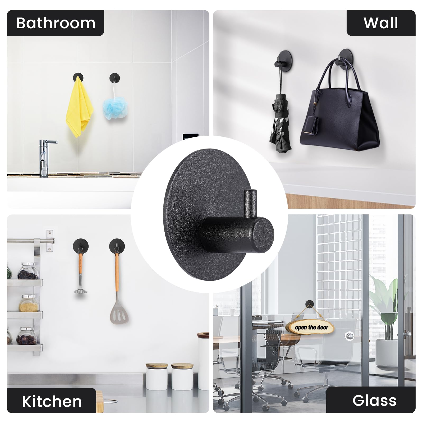 PIPUHA 2Pack Adhesive Towel Hooks, Black Matte Command Towel Hook Heavy Duty Waterproof Stainless Wall Hooks for Bathroom, Kitchen, Hotel, Pool, Coats