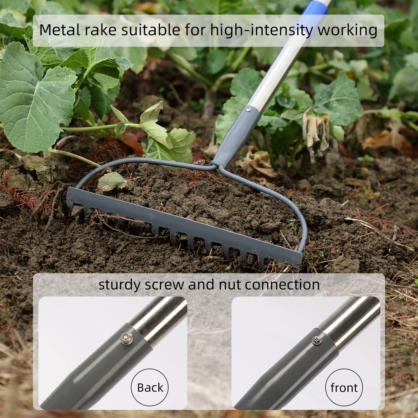 Garden Rake Heavy Duty Bow Rake with 60" Stainless Steel Handle Metal Rake for Lawn with 14 Tines