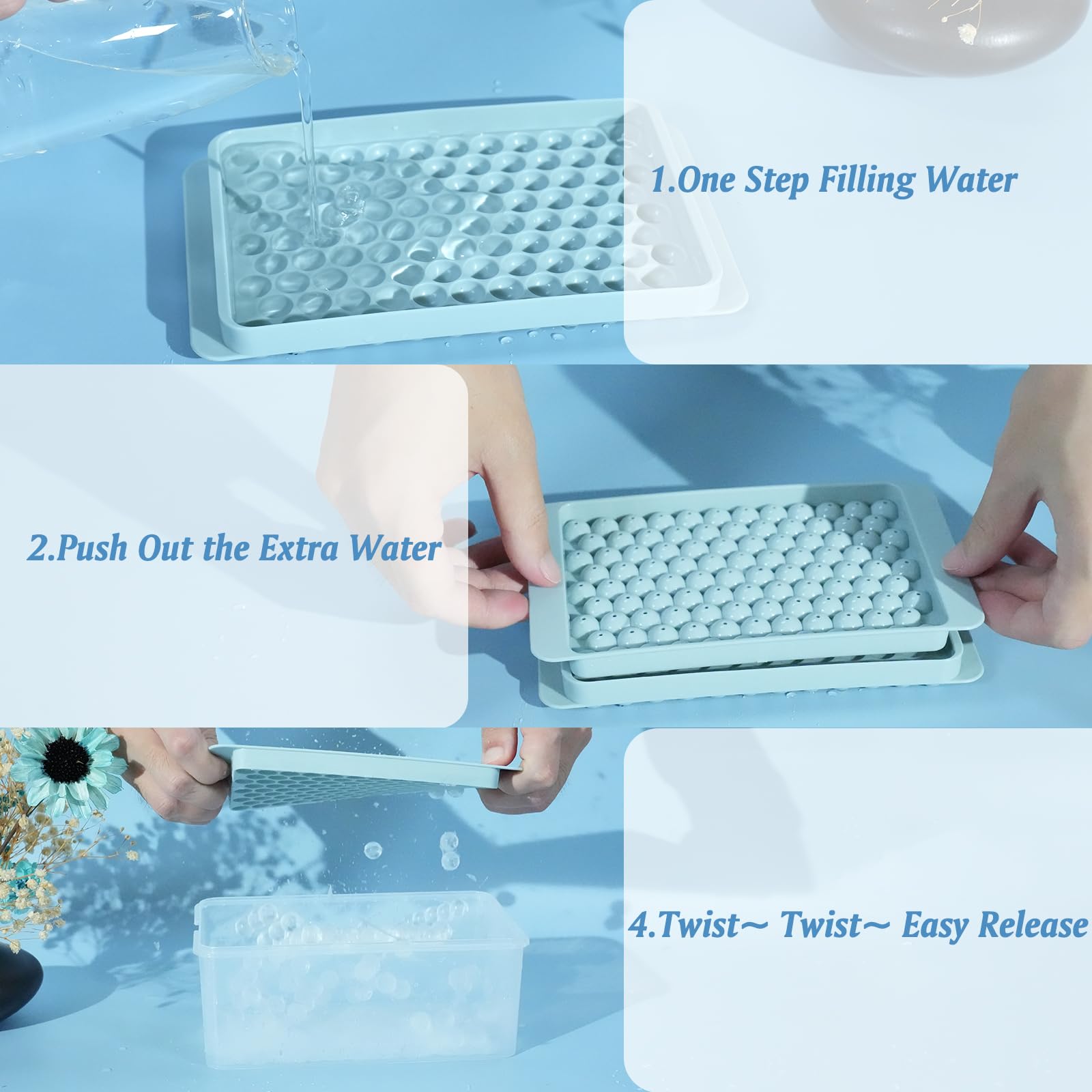 Idosf Mini Ice Cube Tray for Mini Fridge, 104x3 Pcs Easy Release Small Ice Cube Tray with Lid and Bin, 0.45Inch Stackable Tiny Ice Trays for Freezer Crushed Ice Trays for Chilling Drinks, Coffee
