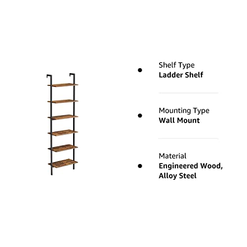 VASAGLE Industrial Ladder Shelf, 6-Tier Bookshelf, Wall Shelf for Living Room, Office, Kitchen, Bedroom, 23.6 x 11.8 x 80.6 Inches, Rustic Brown and Black ULLS103B01